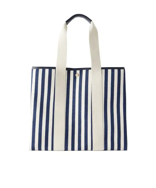 Rue De Verneuil Traversée Large Leather And Webbing-trimmed Striped Canvas Tote - White