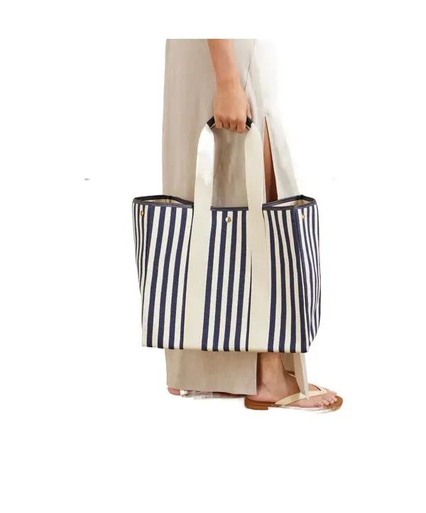 Rue De Verneuil Traversée Large Leather And Webbing-trimmed Striped Canvas Tote - White