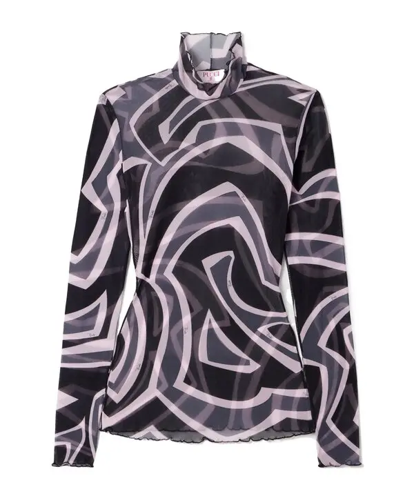Emilio Pucci Printed Tulle Turtleneck Top