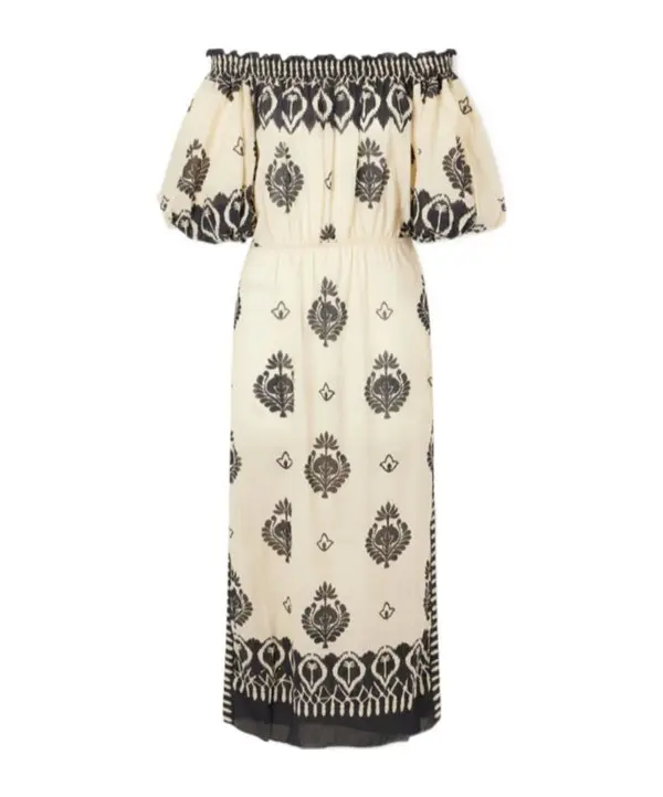 Johanna Ortiz Off-the-shoulder Ruched Printed Cotton-poplin Midi Dress - Black