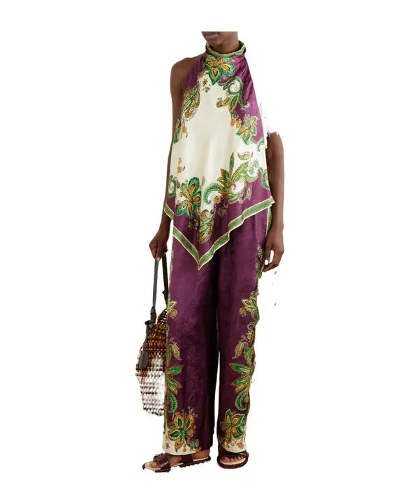 ALEMAIS Floral-print Satin-jacquard Halterneck Top