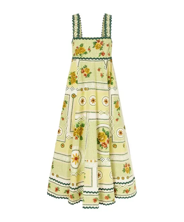 ALEMAIS Pleated Floral-print Cotton-poplin Midi Dress - Yellow