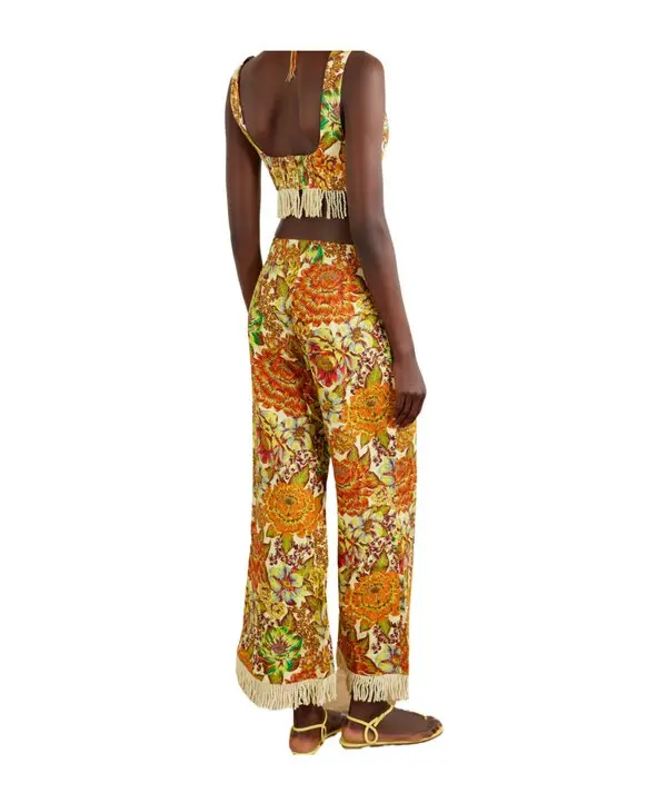 ALEMAIS Fringed Floral-print Linen Flared Pants
