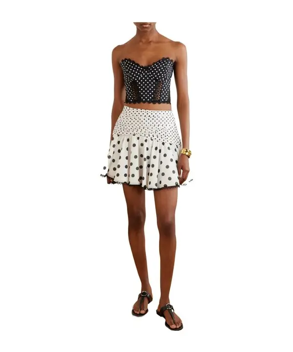 Charo Ruiz Ibiza Cropped Embroidered Polka-dot Cotton-blend Top