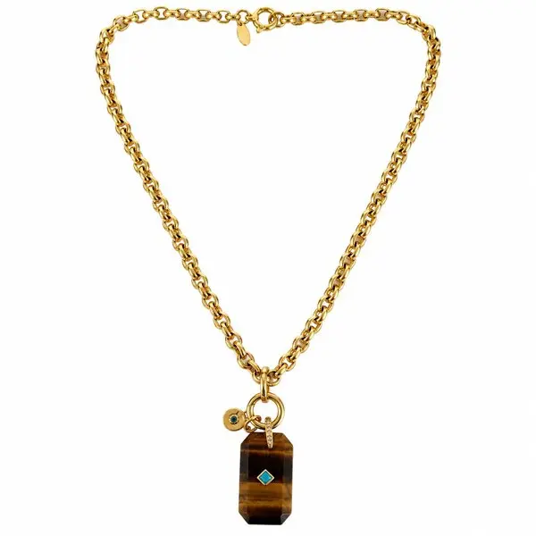 Persia Donà Jewelry Tigers Eye And Vintage Chain Necklace - Gold