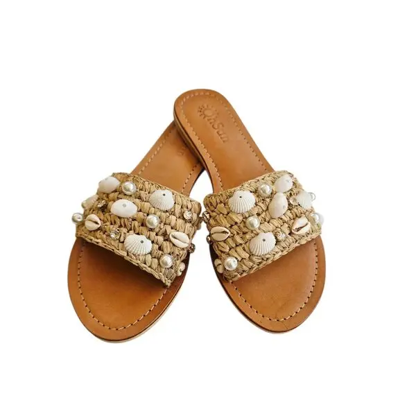 OHSUN Liv Embroidered Raffia Shell And Pearl Sandals