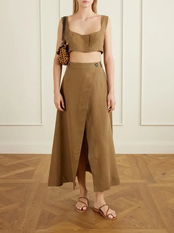 Le Kasha Khaki Linen Maxi Skirt