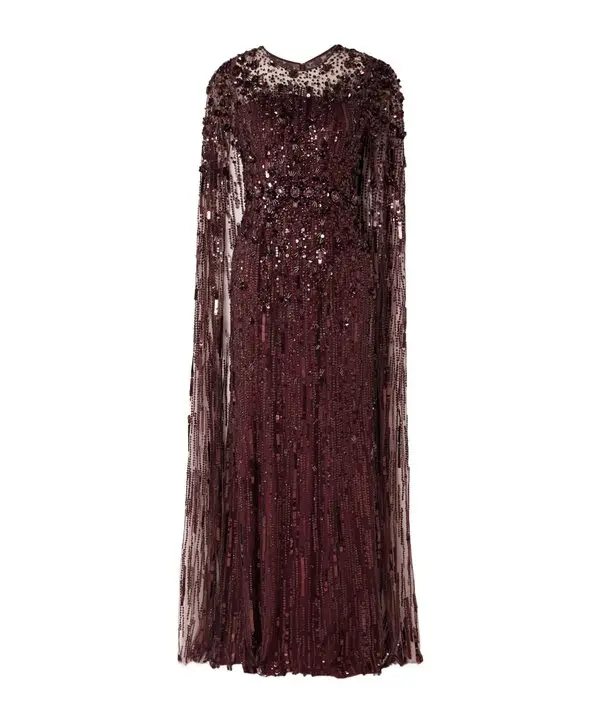 Jenny Packham Ruby Cape-effect Embellished Tulle Gown - Red