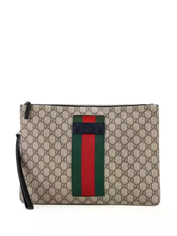 Gucci Web Wristlet Gg Coated Canvas Clutch Bag - Brown