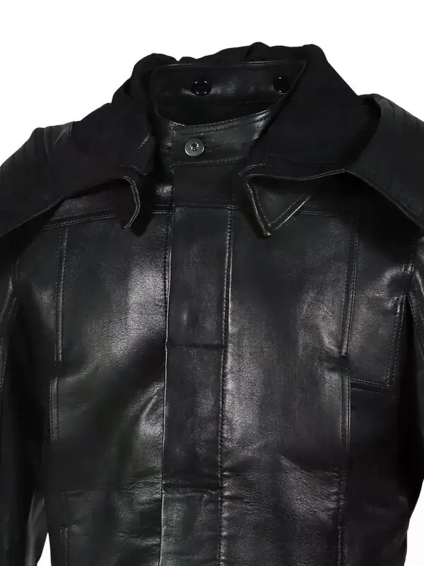 DET BLEV SENT Cropped Hooded Leather Jacket
