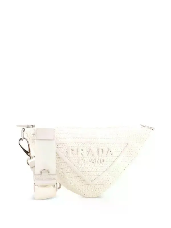Prada Triangle Logo Zip Crochet Raffia Small Crossbody Bag - White