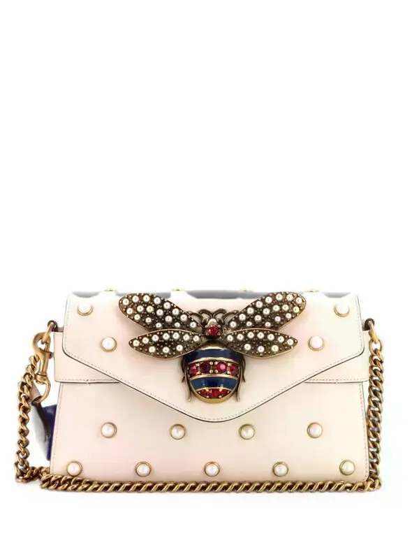 Gucci Broadway Pearly Bee Embellished Leather Mini Shoulder Bag - Neutrals