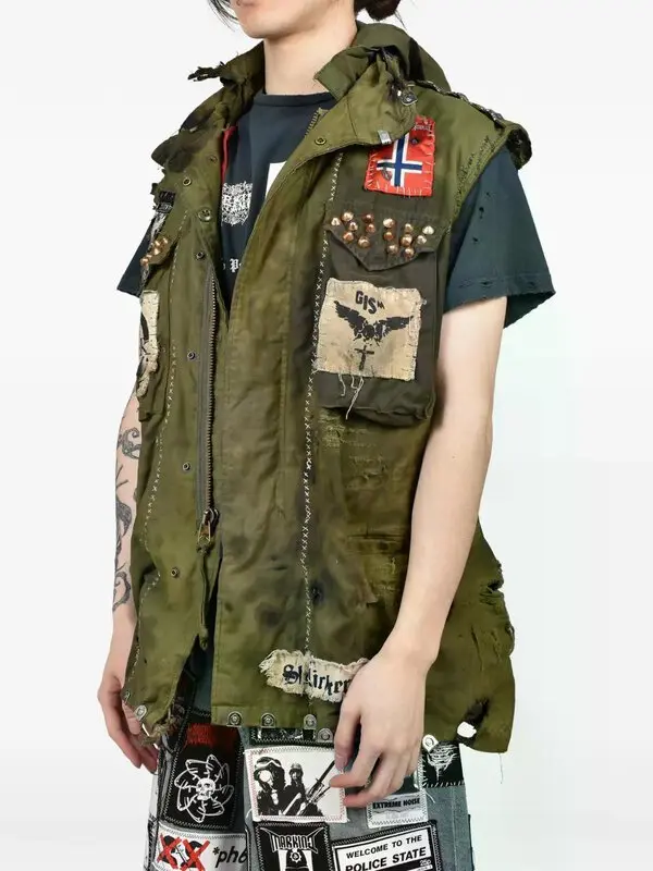 MARKING DISTANCE Patchwork Studded Hooded Gilet