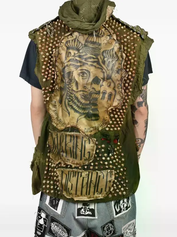 MARKING DISTANCE Patchwork Studded Hooded Gilet