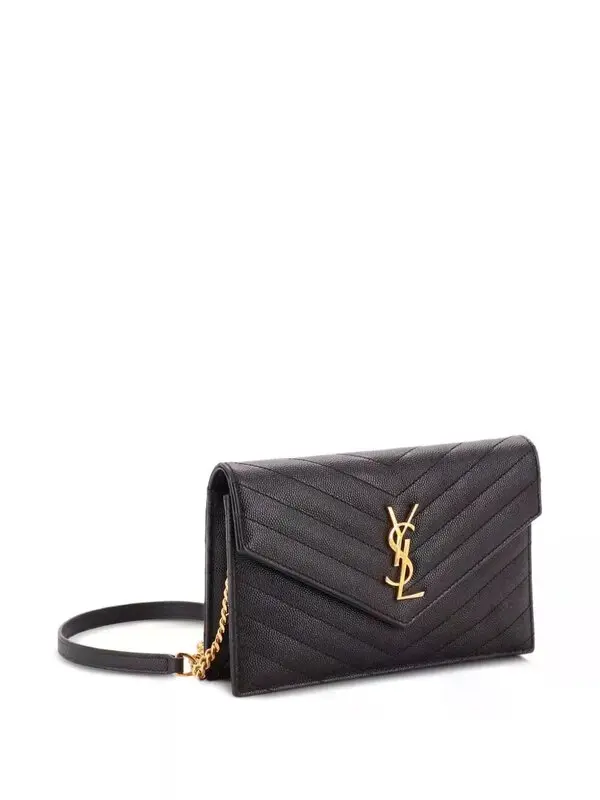 Saint Laurent Classic Monogram Wallet On Chain Matelasse Chevron Leather Small Crossbody Bag - Black