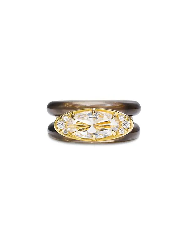 BY PARIAH 14k Yellow Ellipse Smoky Quartz, White Topaz, And Diamond Stack Rings, Set Of 3 - Gold