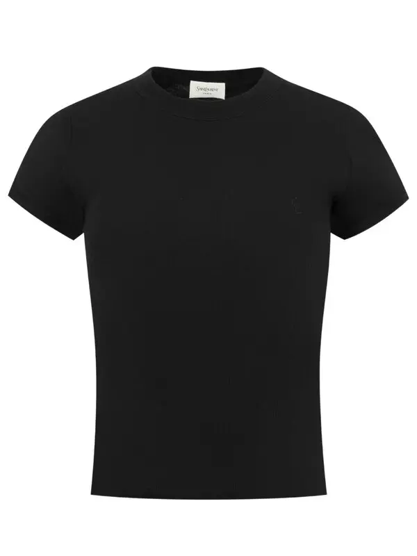 Saint Laurent Fitted Crew Neck T-shirt With Embroidered Logo - Nero