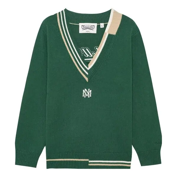 Mitchell & Ness Branded Contrasting V-neck Sweater - Green