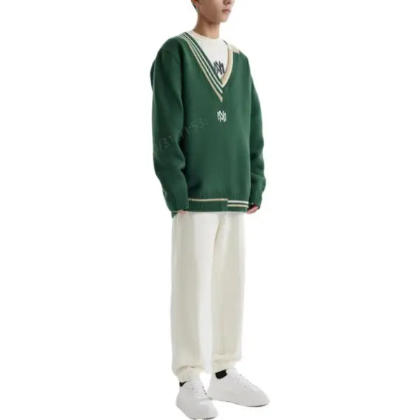 Mitchell & Ness Branded Contrasting V-neck Sweater - Green