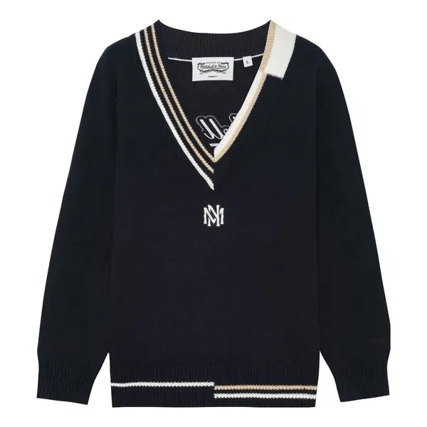 Mitchell & Ness Branded Contrasting V-neck Sweater - Black