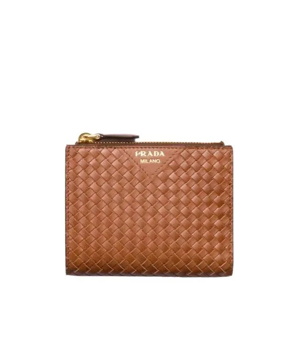 Prada Small Woven Madras Leather Wallet - Cognac