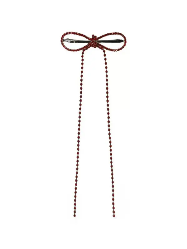 YELLOWSWALLOW Crystal Embellished Bow Hair Clip With Drop Detail - Red