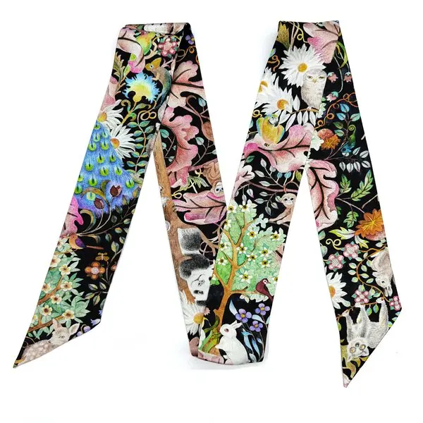 WENZI Mulberry Silk Ribbon Scarf, Double Layer Reversible Skinny Silk Scarf, Hair Scarf, Whimsical Wilderness - Purple