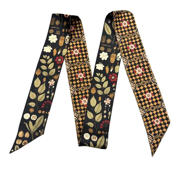WENZI Mulberry Silk Ribbon Scarf, Long Skinny Scarf, Hair Scarf, Purse Scarf, Black Botanical Ribbon - Black/purple