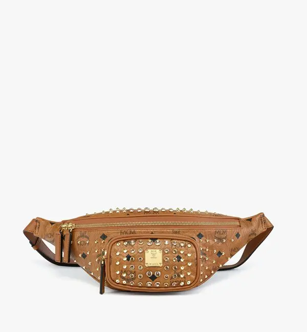 Mcm Fursten Belt Bag In Gold Crystal Visetos - Cognac