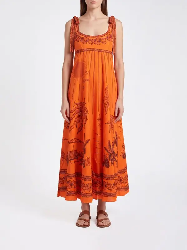 ALEMAIS Boathouse Linen Midi Dress With Graphic Print And Square Neckline - Orange