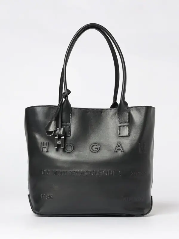Hogan Address Small Calf Leather Tote Bag With Embossed Logo And Removable Pouch - Black