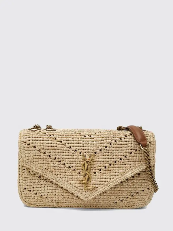 Saint Laurent Loulou Small Crochet Raffia Shoulder Bag With Monogram - Cream