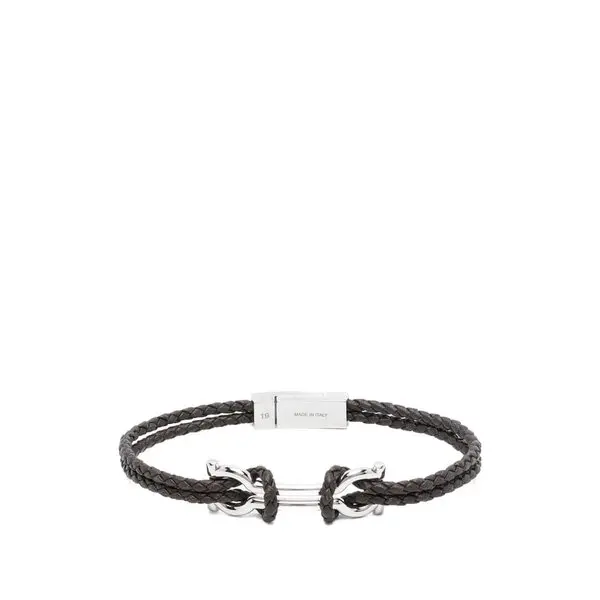 FERRAGAMO Gancini Motif Braided Leather Bracelet - Silver