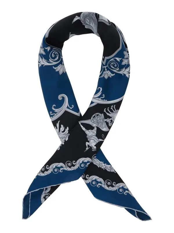 Versace Blue Scarf With Geometric All-over Motif In Silk