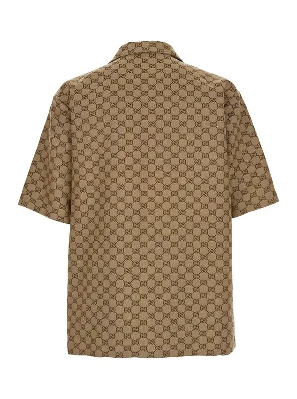 Gucci Beige Bowling Shirt With Gg All-over Motif In Linen - Multicolor