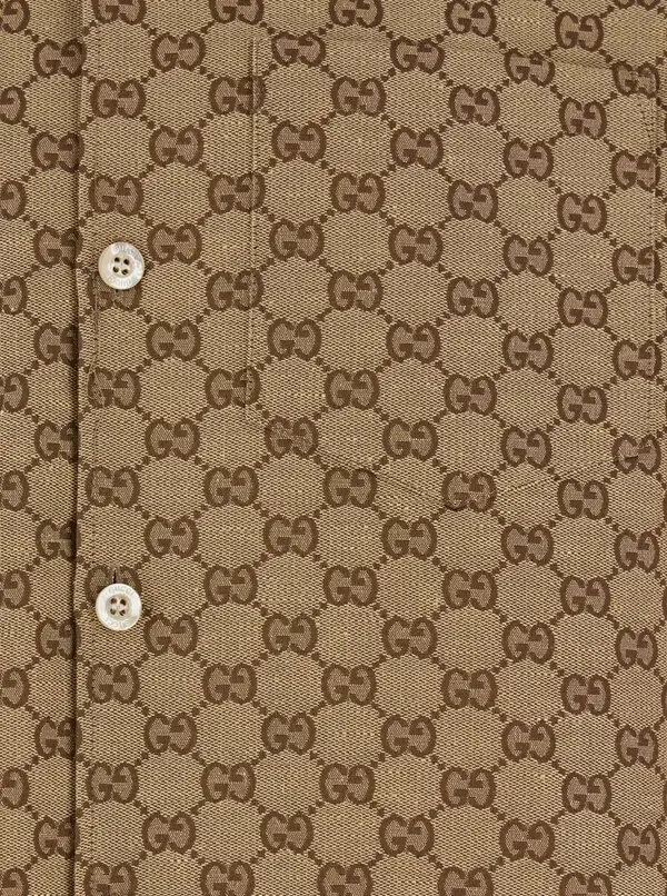Gucci Beige Bowling Shirt With Gg All-over Motif In Linen - Multicolor
