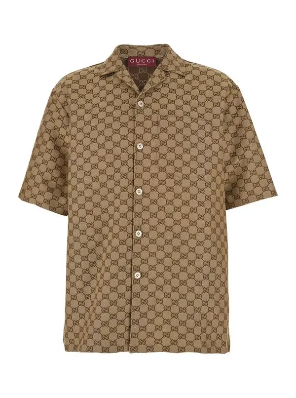 Gucci Beige Bowling Shirt With Gg All-over Motif In Linen - Multicolor