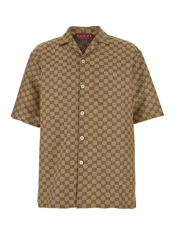 Gucci Beige Bowling Shirt With Gg All-over Motif In Linen - Multicolor