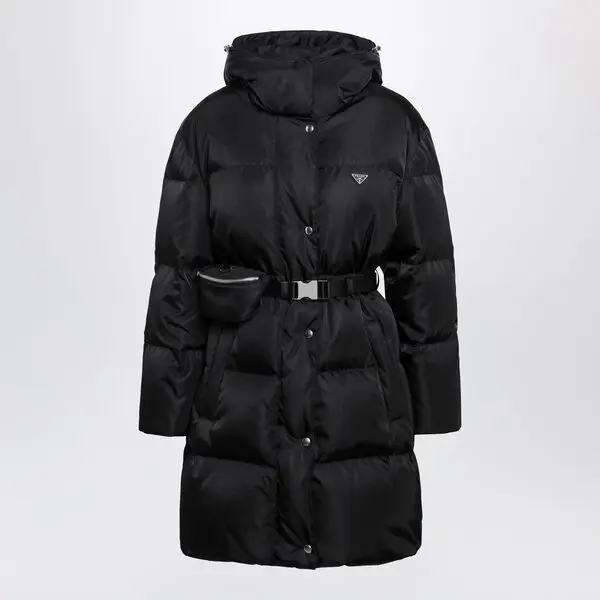 Prada Re-nylon Long Down Jacket With Belt Bag - Black