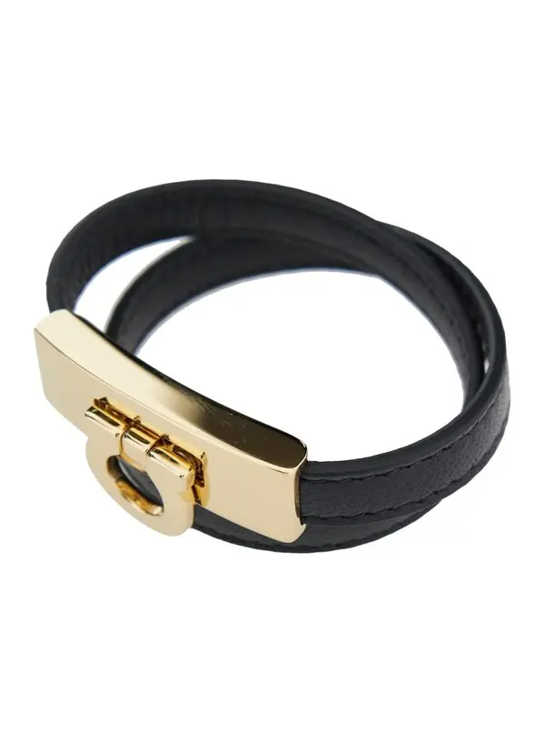 FERRAGAMO Double Wrap 'gancini' Black Leather Bracelet For