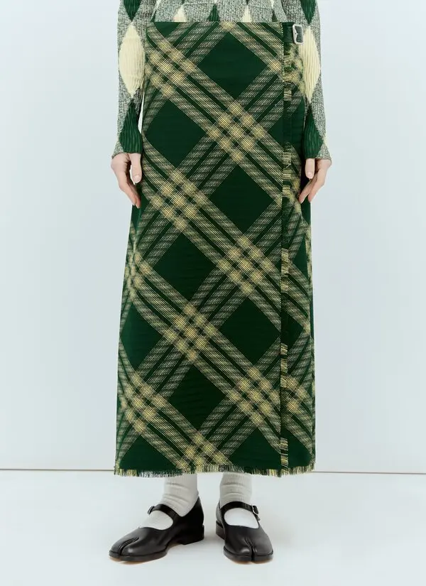 Burberry Wool Check Midi Skirt - Green