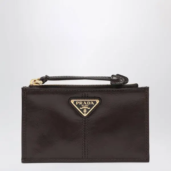 Prada Dark Calf Leather Zip Card Holder - Brown
