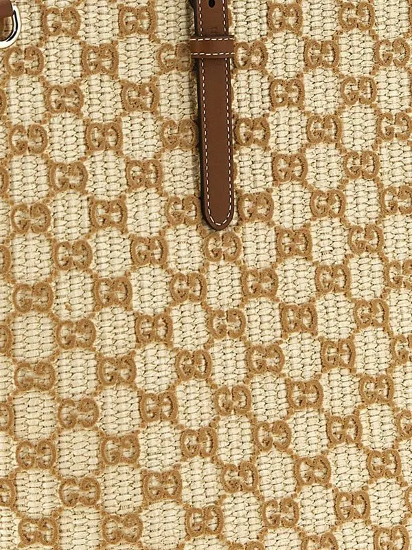 Gucci Large Raffia Tote Bag With Flocked Gg Monogram And Double Handles