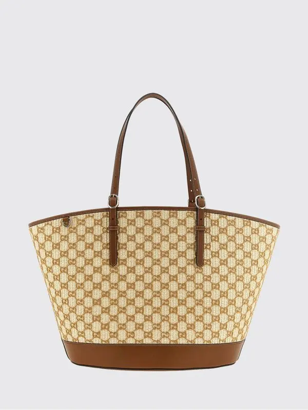 Gucci Large Raffia Tote Bag With Flocked Monogram And Double Handles - Brown