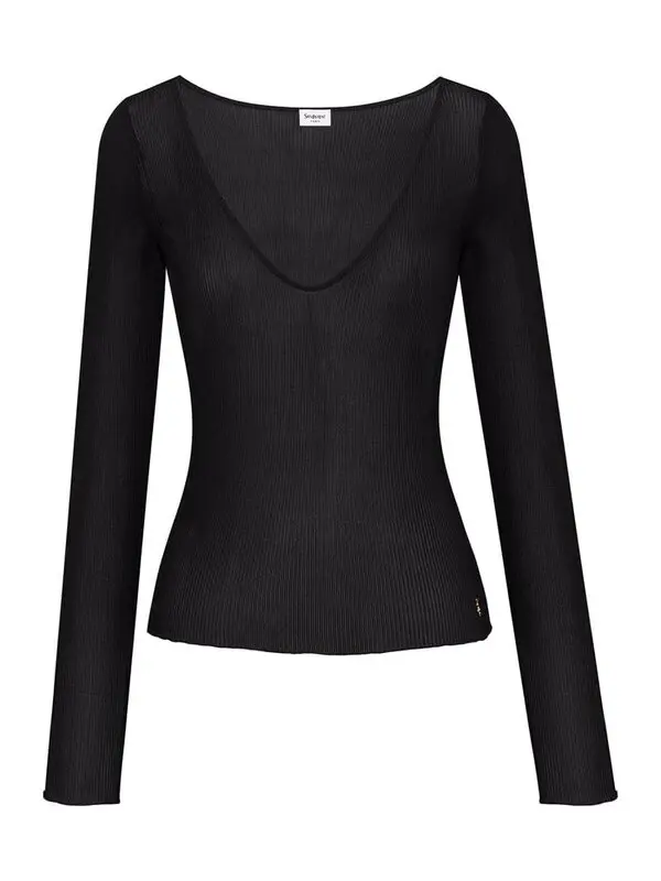 Saint Laurent Ribbed Silk V-neck Cassandre Top - Black