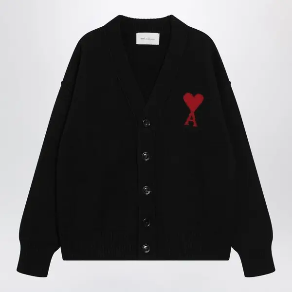 AMI Paris De Coeur Cardigan In Merino Wool Knit - Black