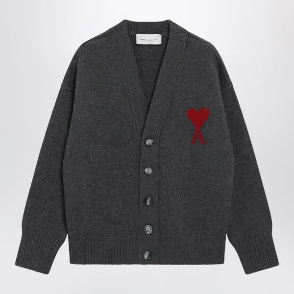AMI Paris De Coeur Cardigan In Grey Melange Merino Wool Knit - Gray