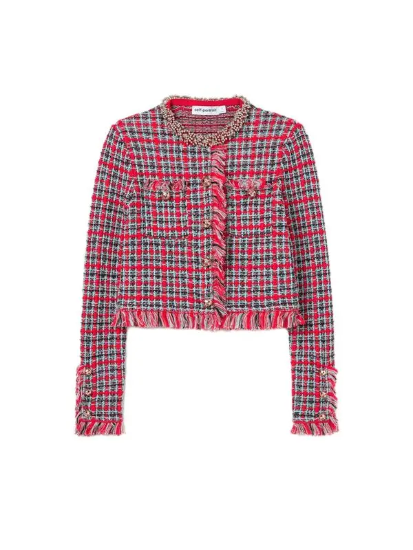 SELF-PORTRAIT Check Frayed Knit Jacket