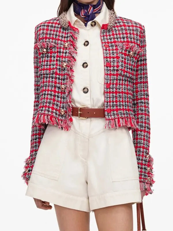 SELF-PORTRAIT Check Frayed Knit Jacket