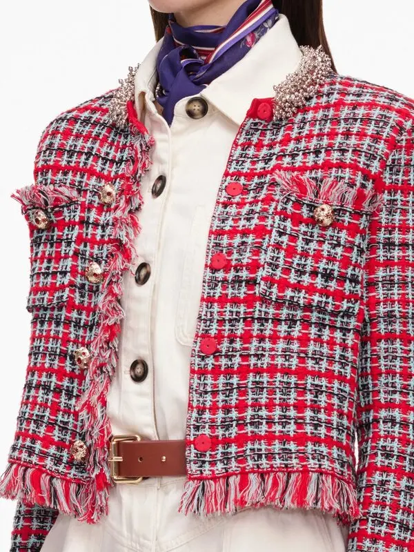 SELF-PORTRAIT Check Frayed Knit Jacket